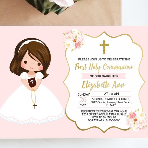 First Communion Invitation Girl Pink Gold Any Hair Color | Etsy
