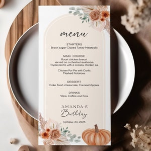 Fall Birthday Menu Card Template, Woman Pumpkin Birthday Printable Menu ...