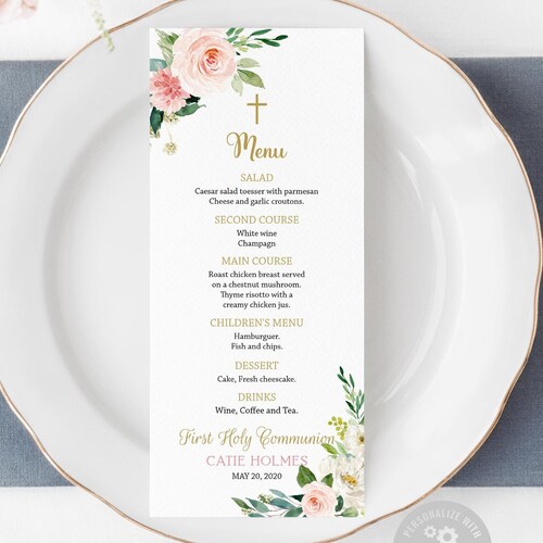 First Holy Communion Menu Editable Girl First Communion - Etsy