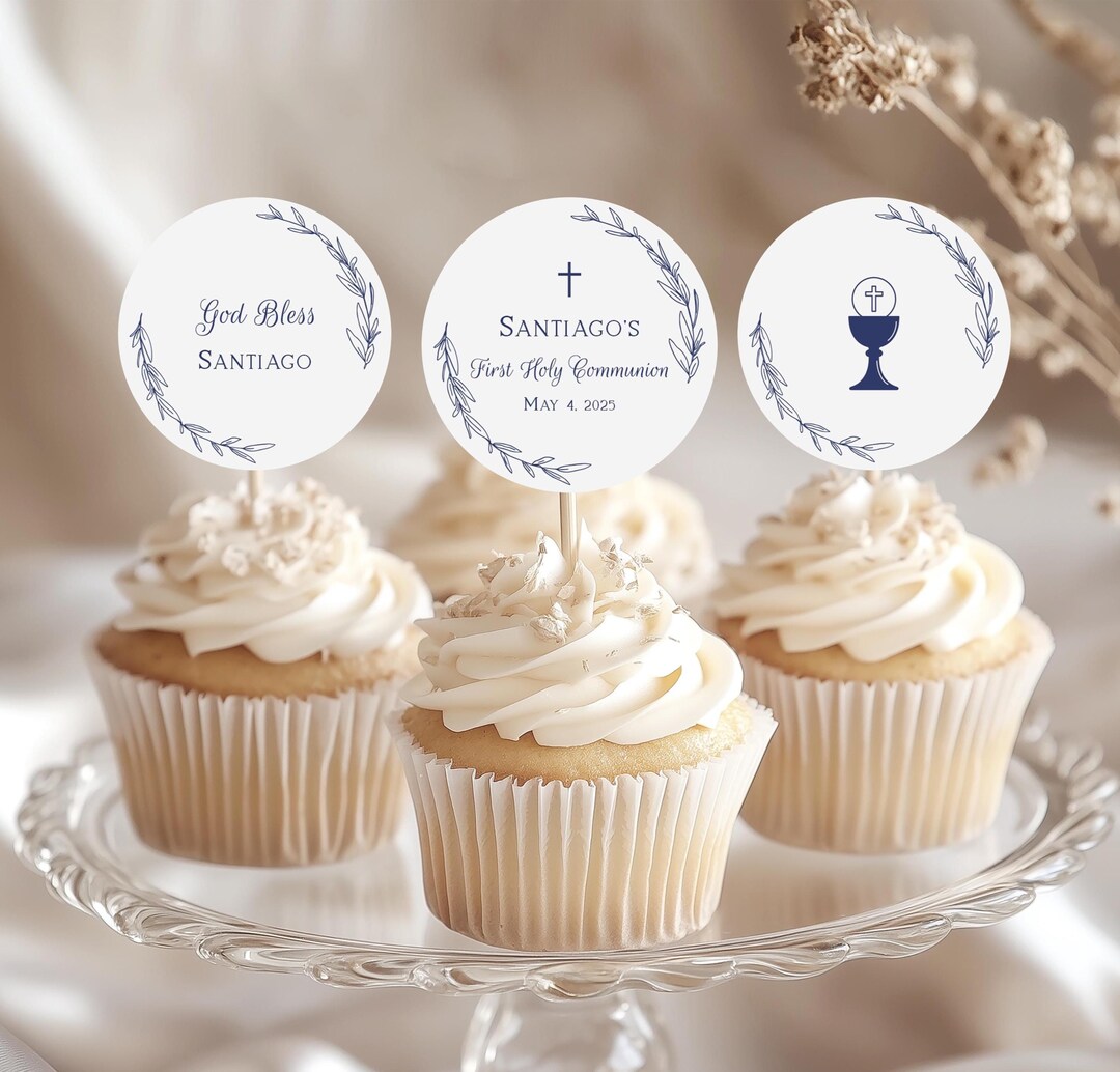 Boy First Communion Cupcake Toppers Printable | Navy Minimalist First ...
