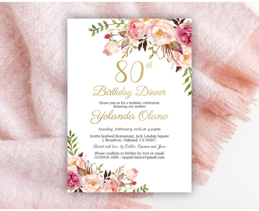 80th Birthday Invitation, 80th Birthday Dinner, Adult Birthday ...
