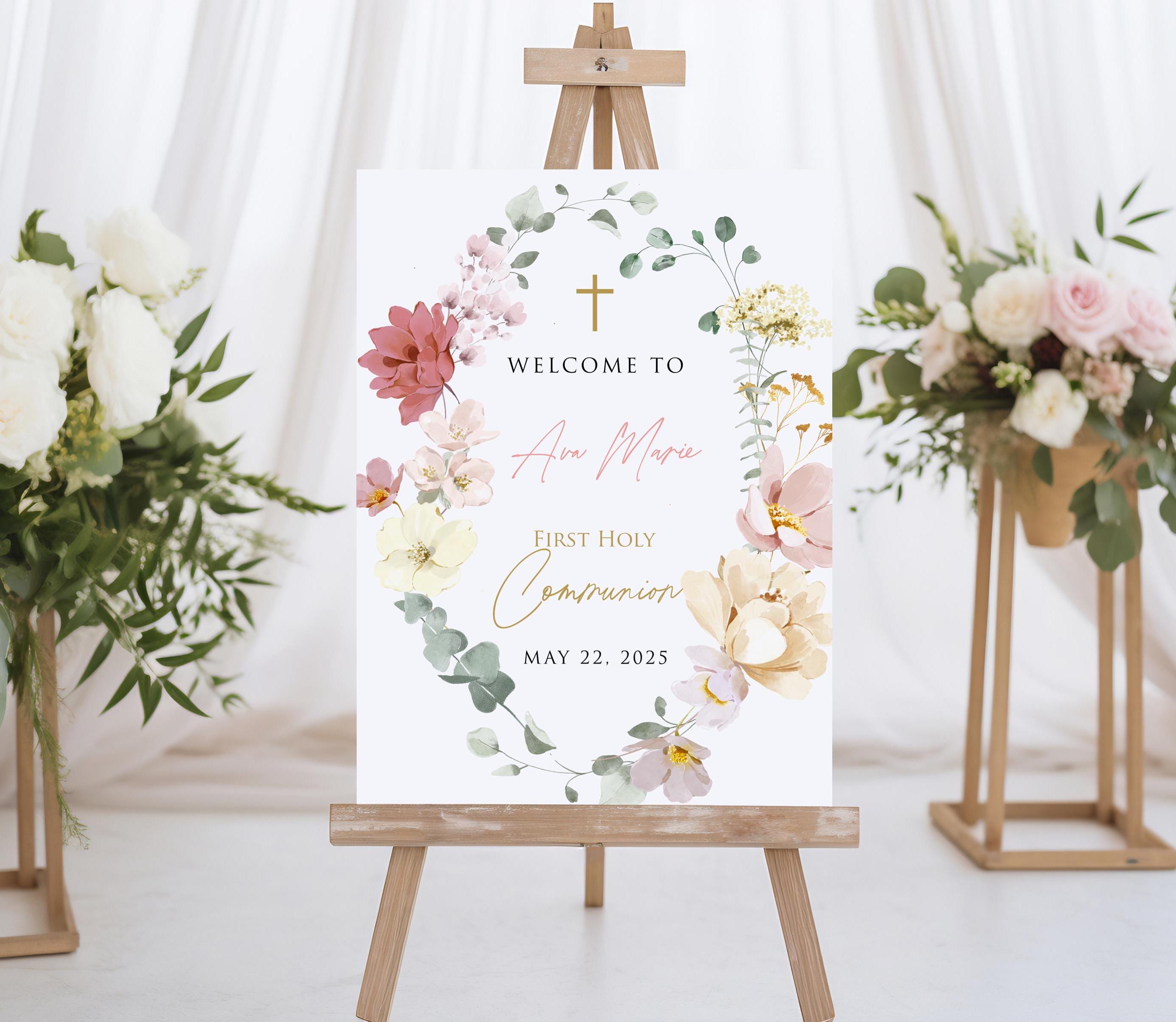 Girl First Holy Communion Welcome Sign - Delicate Floral Blush Wreath ...
