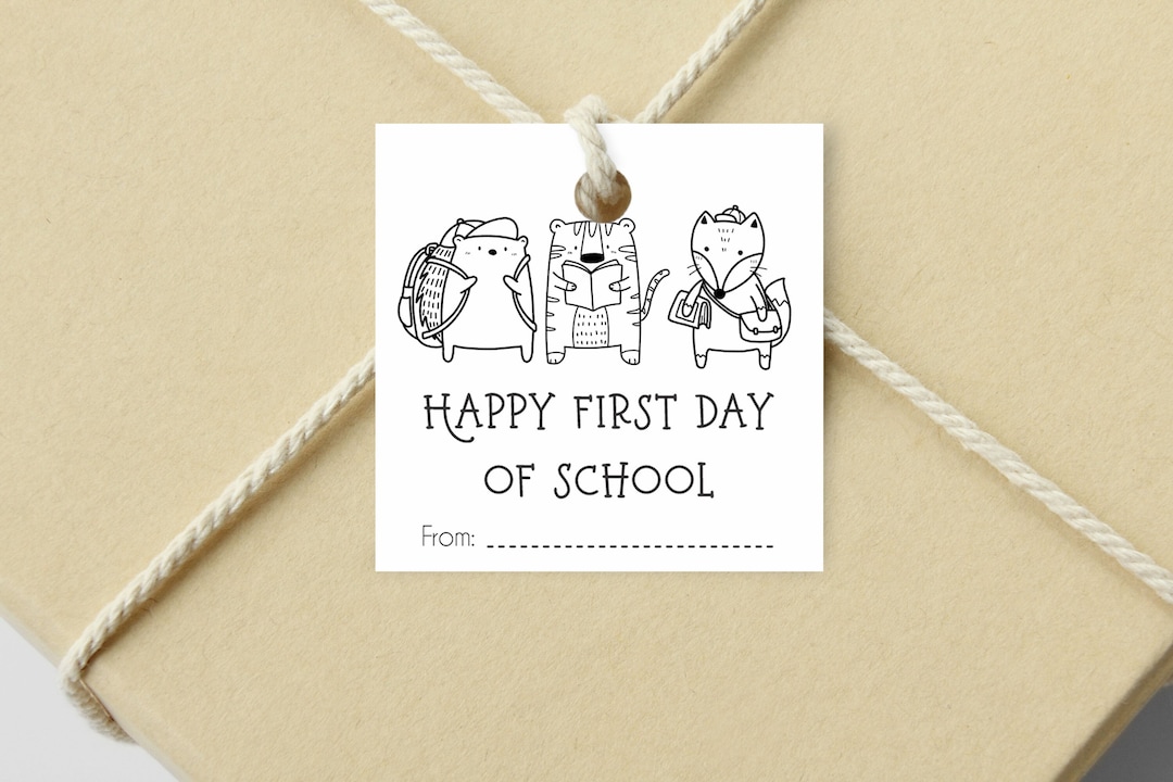 Woodland Animals Happy First Day of School Gift Tag, Line Art Teacher ...