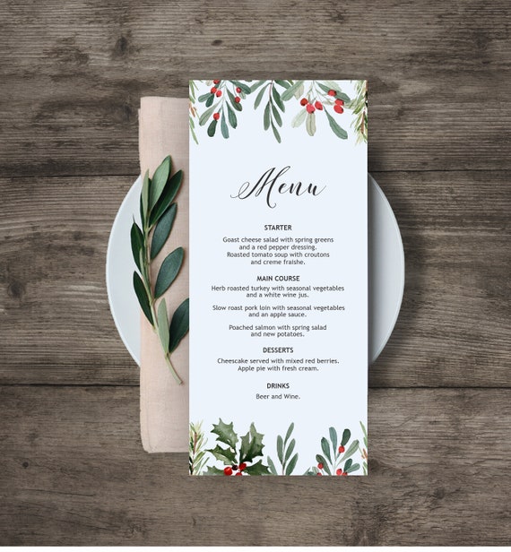 Christmas Menu Holiday Menu Card Holly Jolly Christmas - Etsy