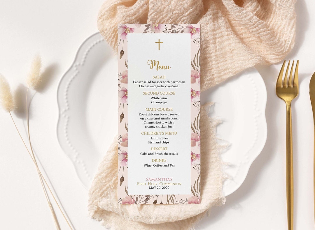 Boho First Holy Communion Menu Template, Floral Blush Pink Girl First ...