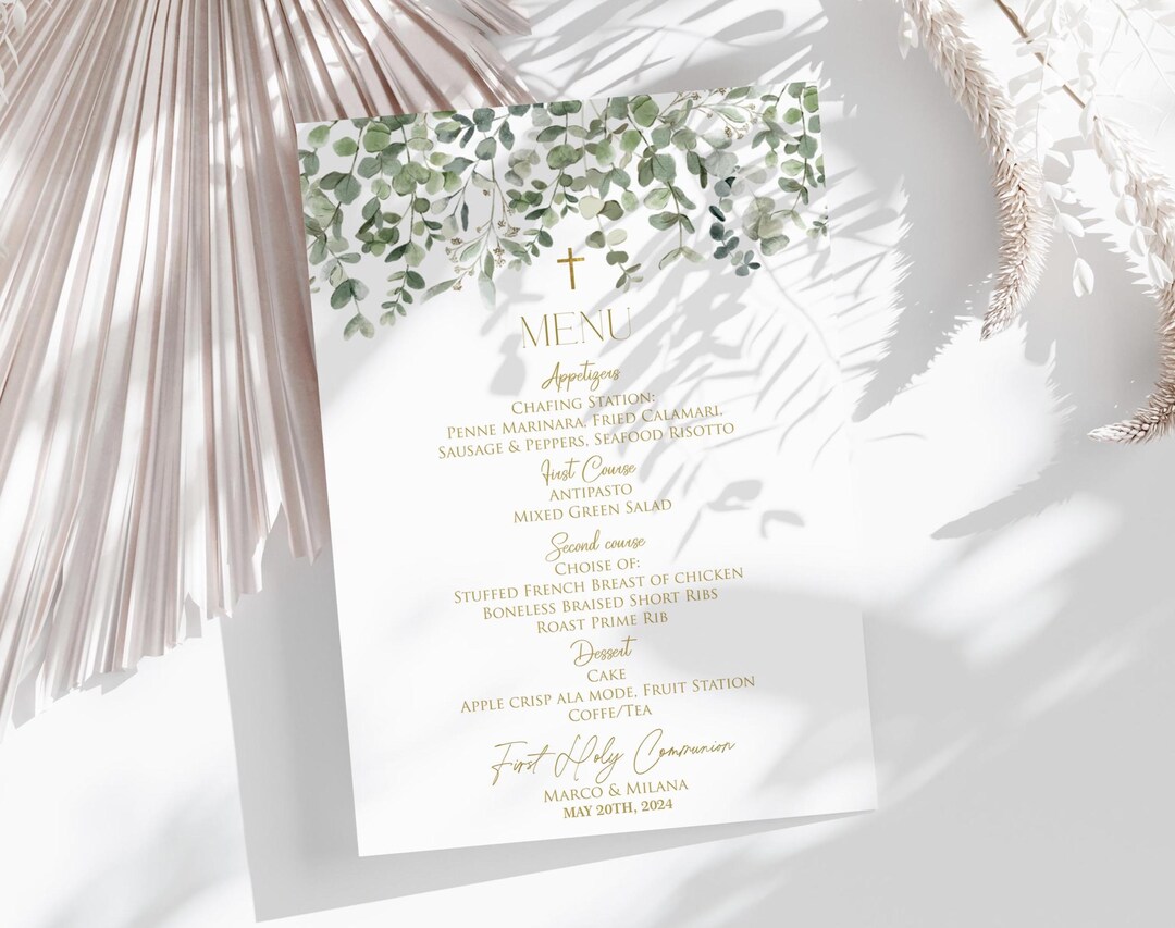 First Holy Communion Menu Template, Greenery Eucalyptus Watercolor ...