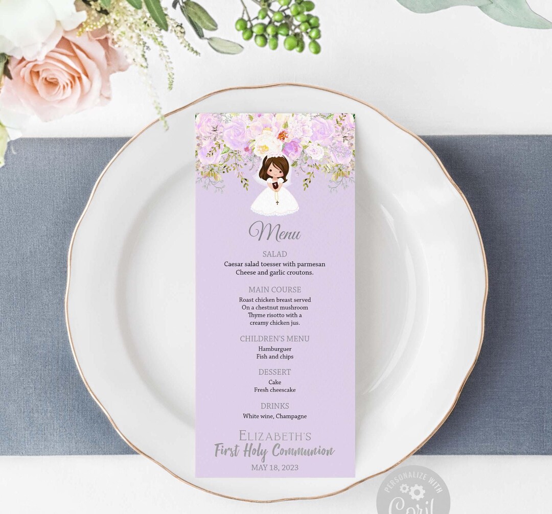 Girl First Communion Menu Template | Editable Floral Purple Menu Card ...