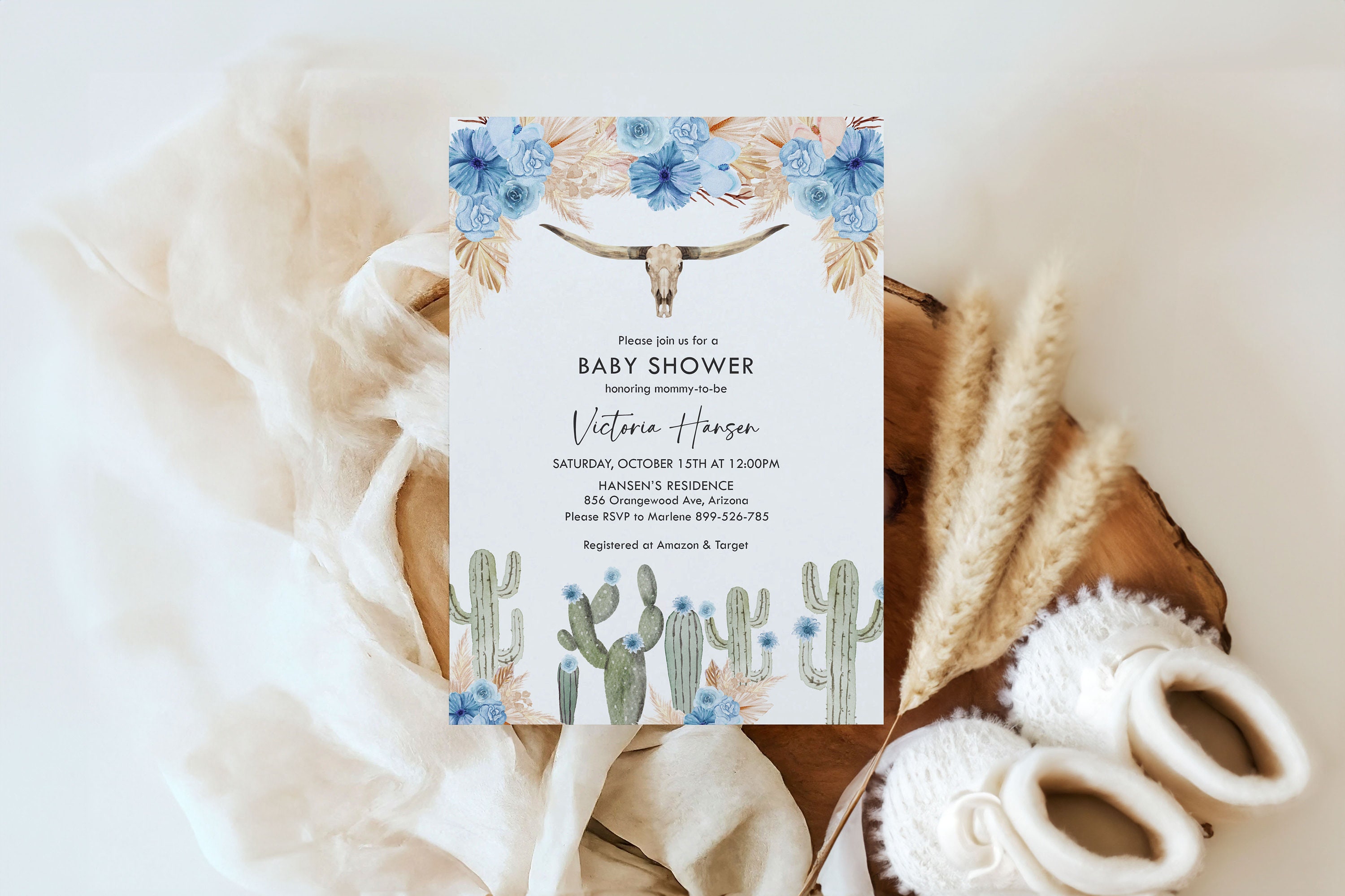 Desert Baby Shower Invitation Template, Bull Skull Rustic Western Baby ...