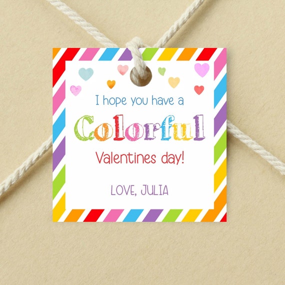 Valentines day kids Printable tags template, Rainbow Valentines labels ...