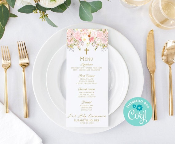 First communion menu template, girl communion, personalized printable ...
