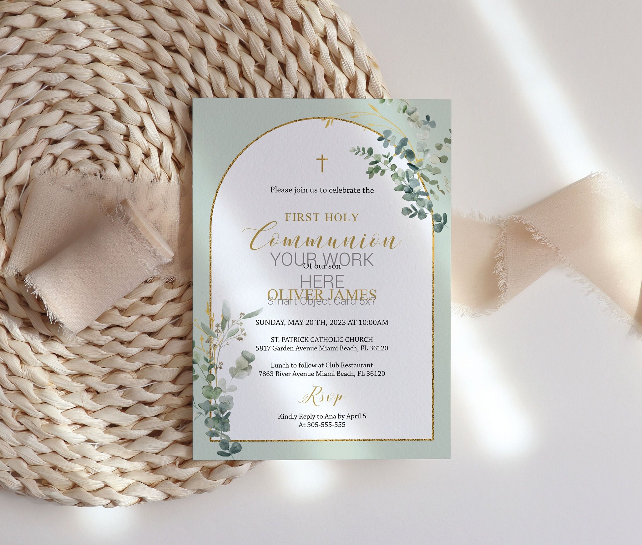 Printable First Holy Communion Invitation Boy - Eucalyptus & Gold Boho ...