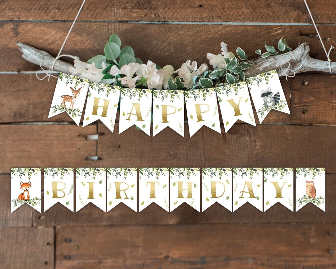 Happy Birthday Woodland Banner, Woodland Banner, 1st Birthday Banner ...