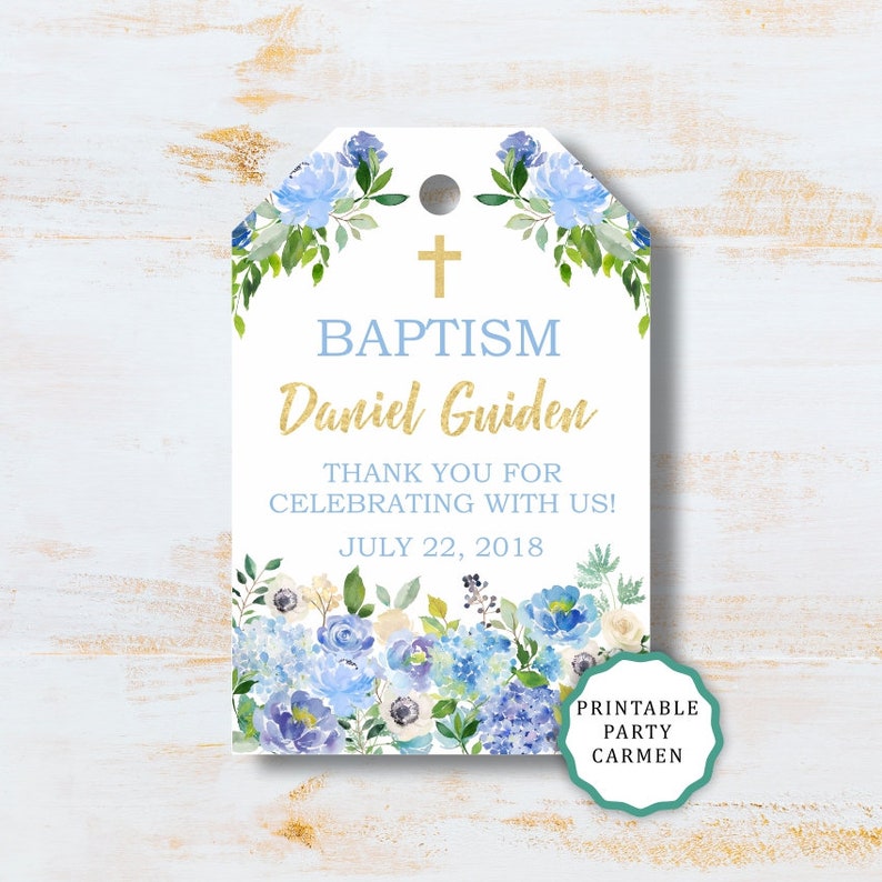 Favor Tags Boy Baptism, Christening Tags, Floral Blue and Gold ...