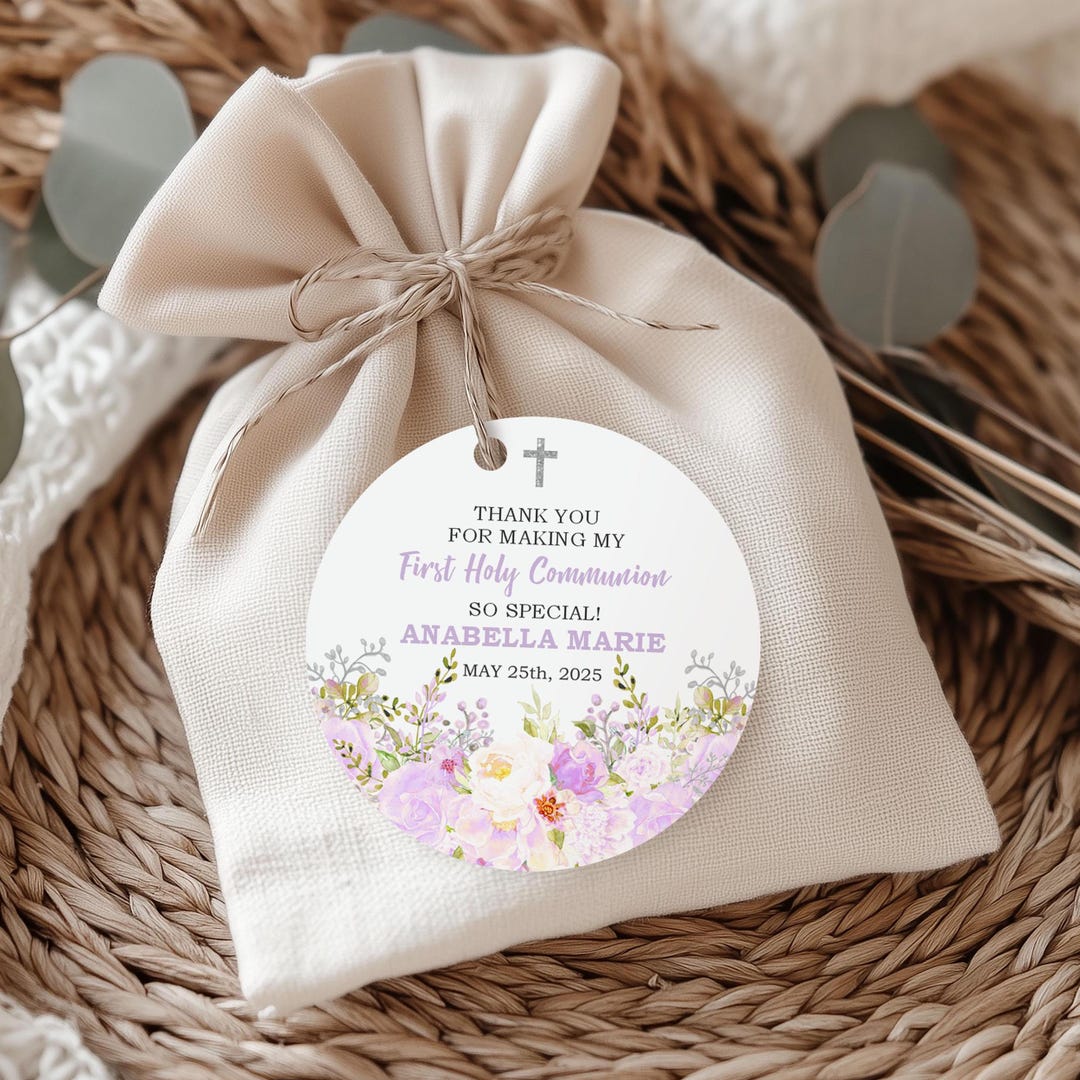 First Communion Favor Tag - Elegant Floral Purple Printable Labels for ...