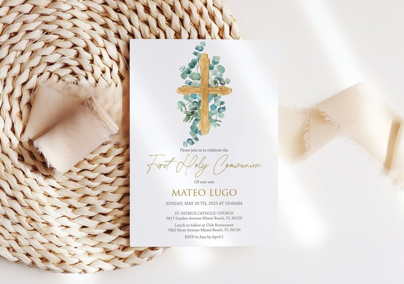 First Holy Communion Invitation Template, Cross Greenery Eucalyptus ...