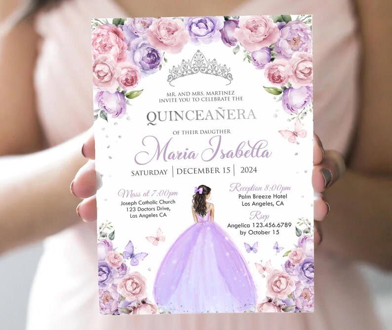 Floral Purple & Pink Quinceañera Invitation Template | Editable Sweet ...