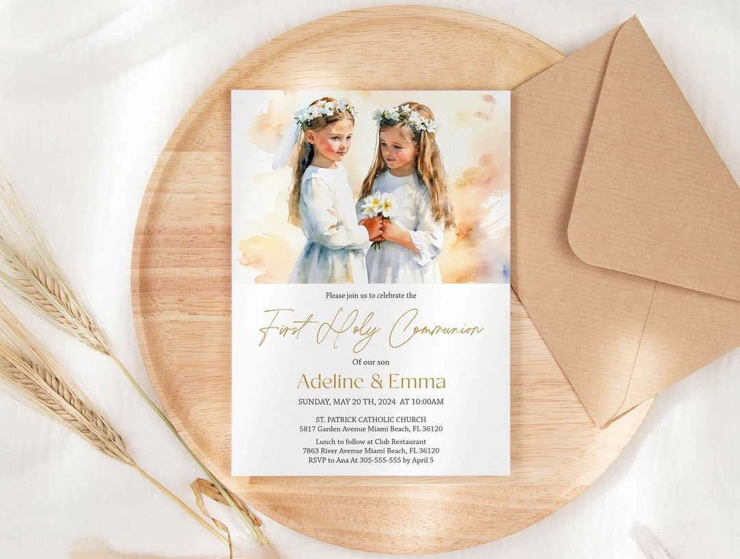 Sibling Girls First Holy Communion Invitation Template Twins Printable ...