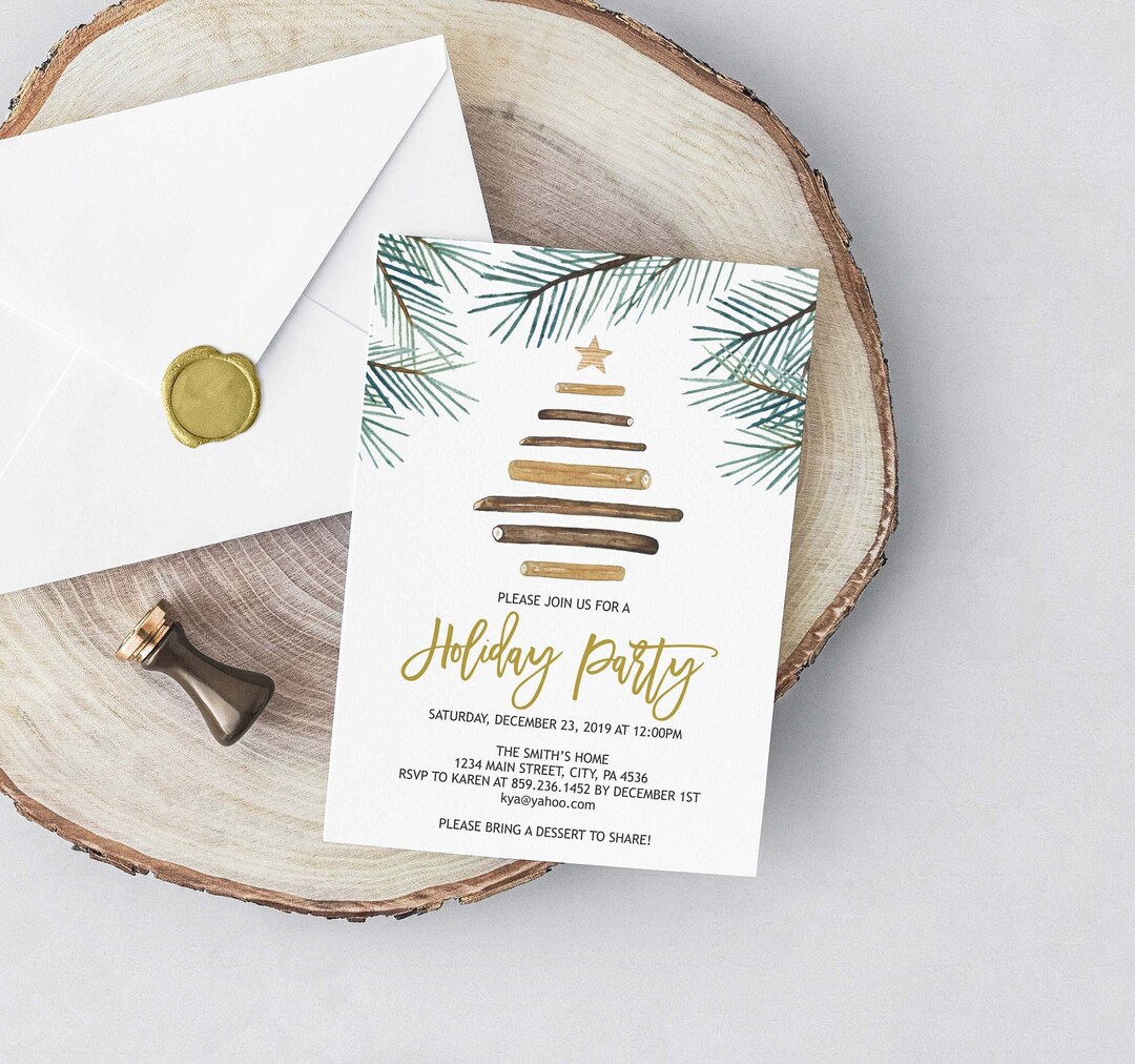 Rustic Christmas Party Invitation, Pine Tree Holiday Party Invitation ...