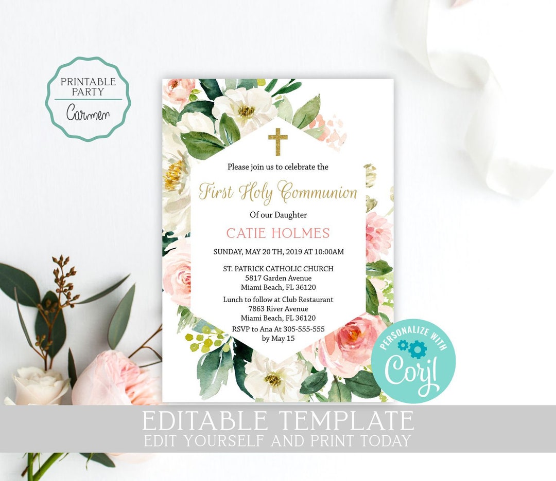 Floral First Communion Invitation Girl, Editable Template, Floral Blush ...