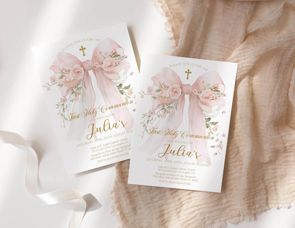 Pink Bow First Holy Communion Invitation Template | Coquette Floral ...