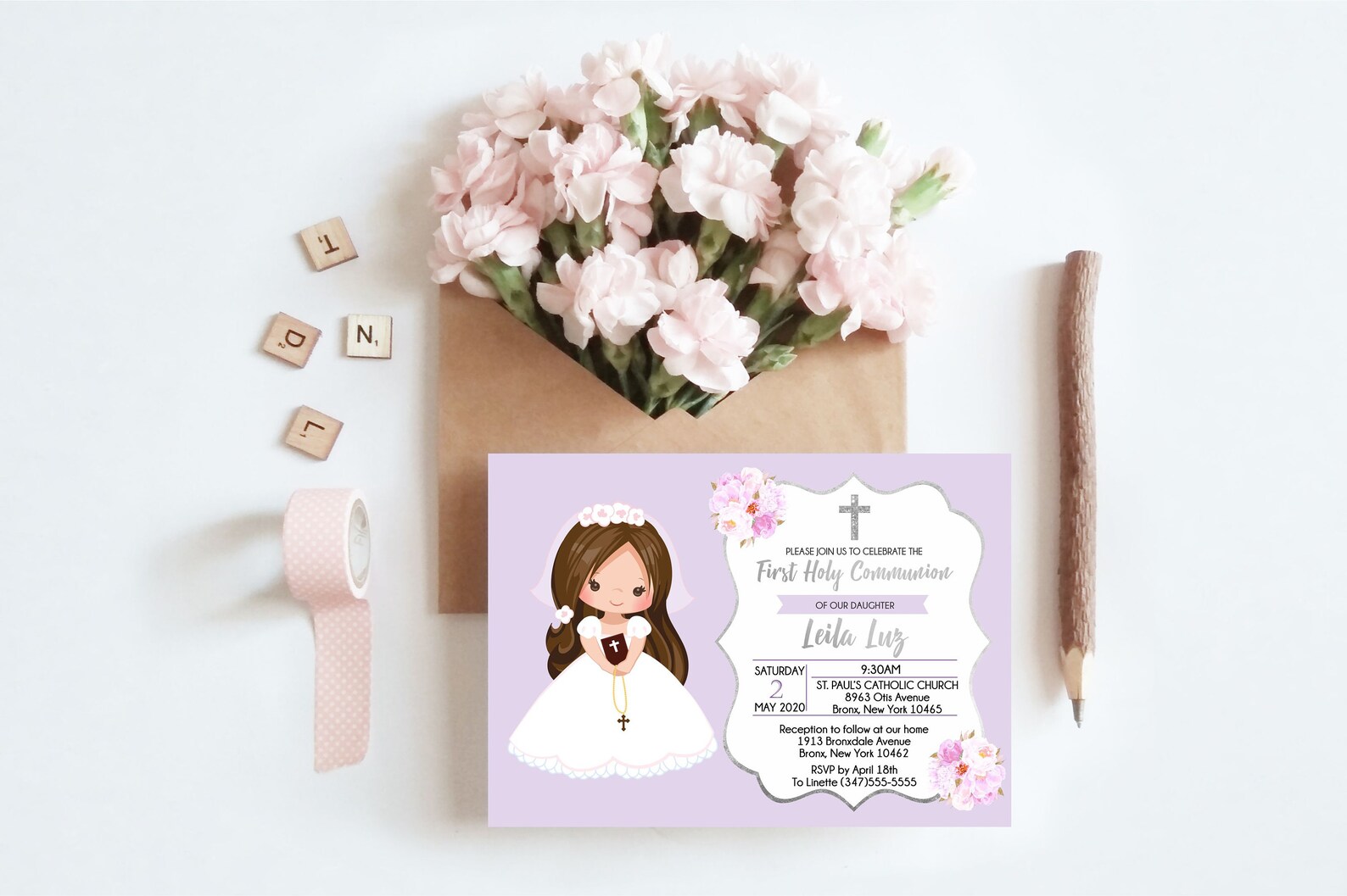 First Communion Invitation Girl Printable Invitation Floral | Etsy