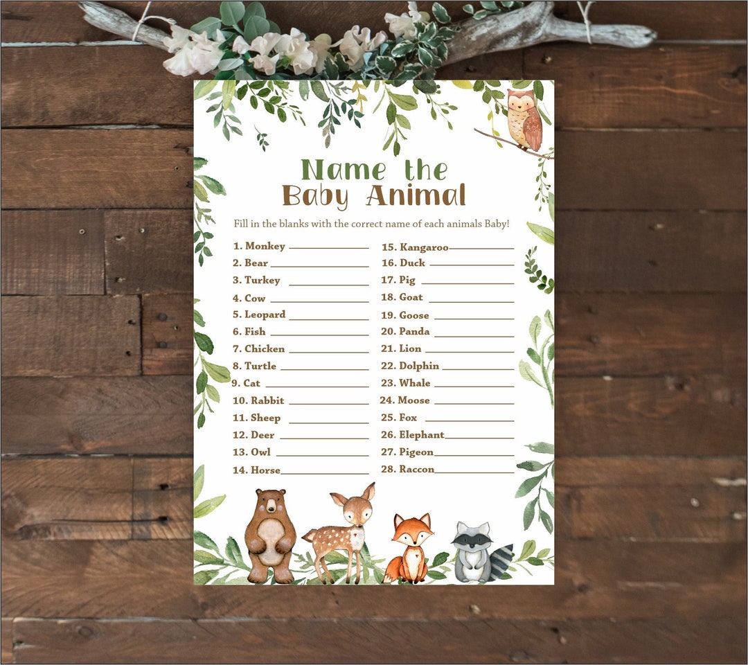 Name the Baby Animal Game, Woodland Baby Shower Games, Printable Baby ...