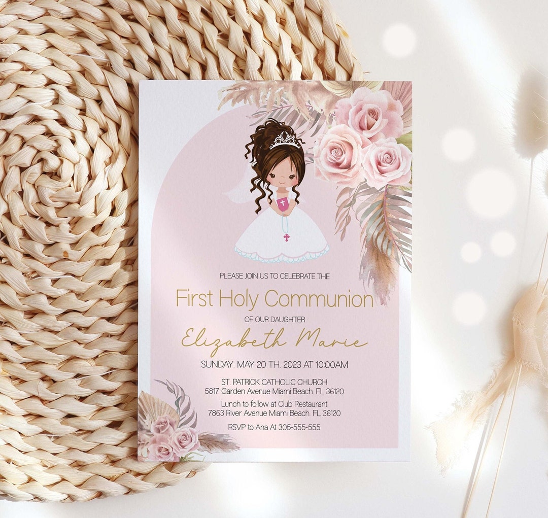 Girl First Communion Invitation Editable Template Boho First - Etsy
