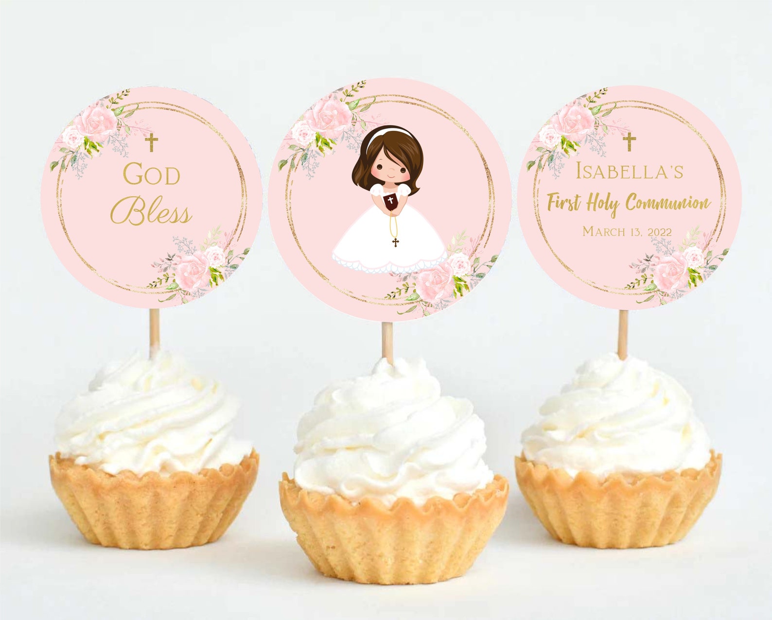 Girl First Communion Cupcake Toppers, Communion Girl, Printable Cupcake ...