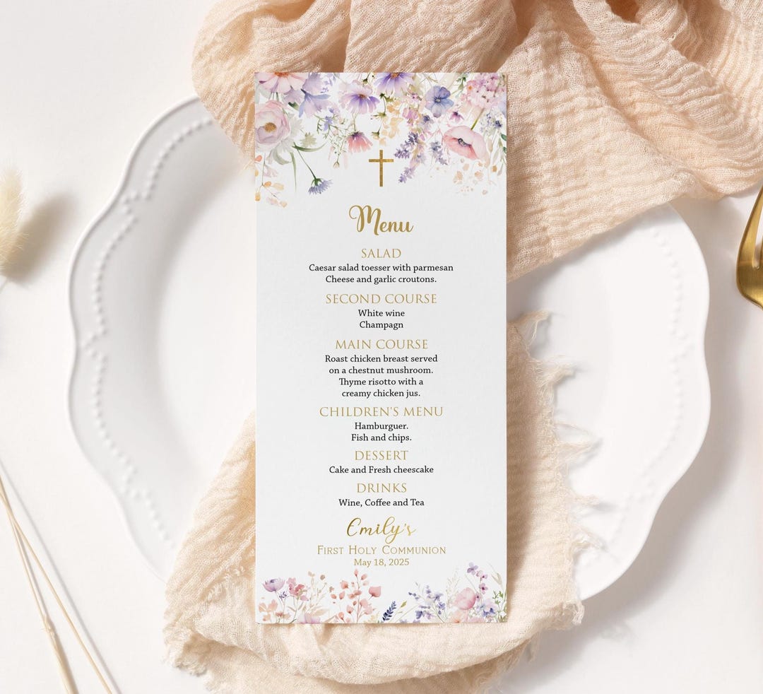 First Holy Communion Menu Template Printable, Wildflower Floral Girl ...
