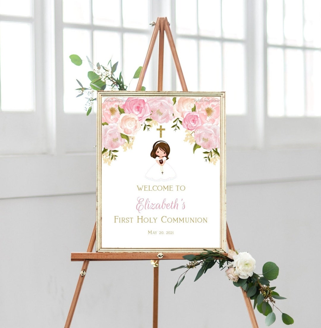 Floral First Communion Welcome Sign Girl, 1st Communion Poster ...