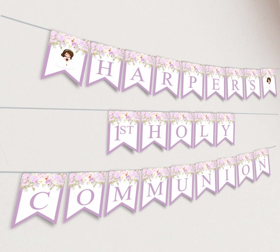 Banner Girl First Holy Communion, Communion decorations, Lilac Floral ...