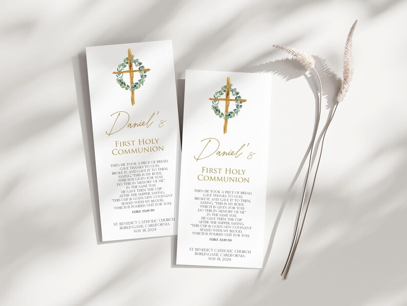 First Holy Communion Invitation Template, Cross Greenery Eucalyptus ...