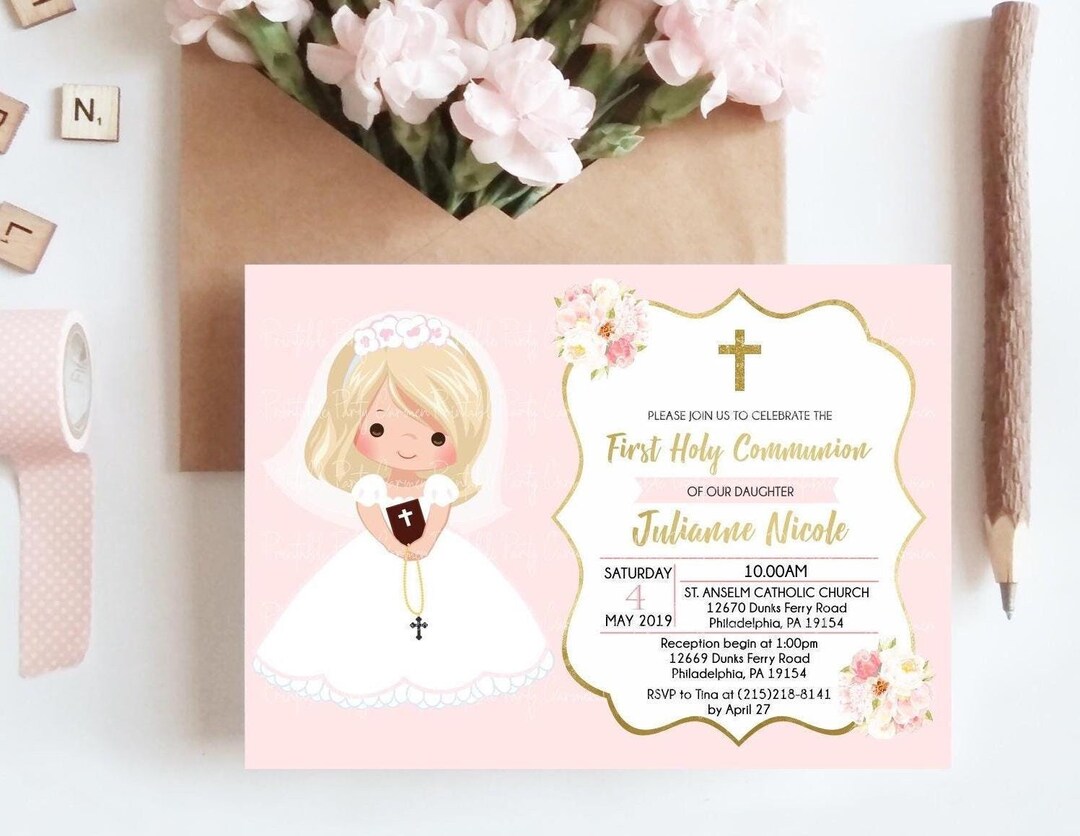 Girl First Communion Invitation Template, Blonde Girl First Communion ...