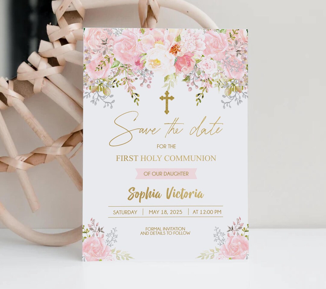 Girl First Holy Communion Save the Date, Delicate Floral Blush Pink ...