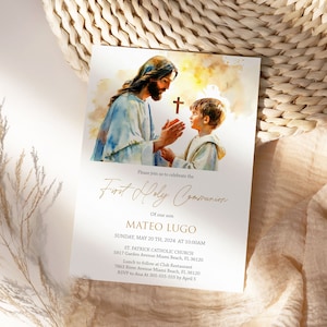 First Holy Communion Invitation Template - Boy With Jesus Watercolor ...