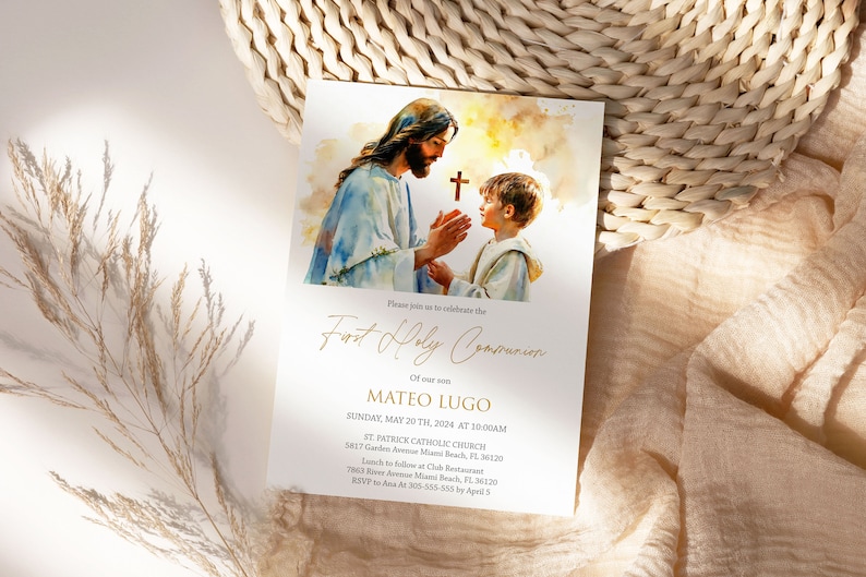 First Holy Communion Invitation Template - Boy With Jesus Watercolor ...