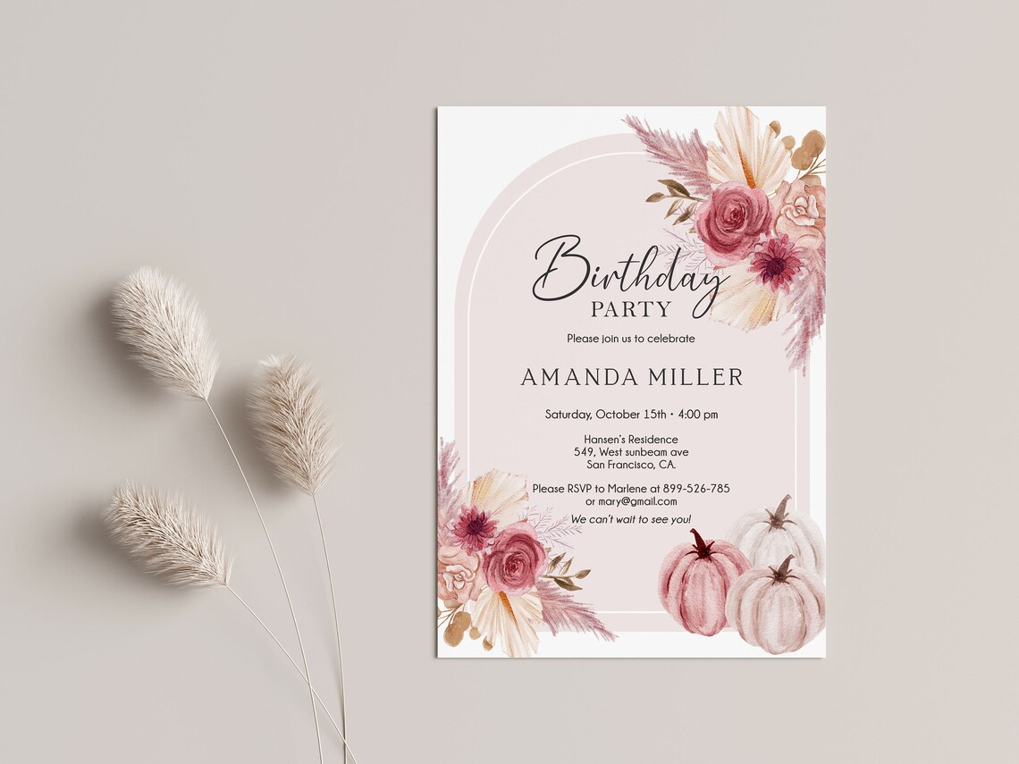 Woman Fall Birthday Invitation, Pink Autumn Floral Party Invite, Boho ...