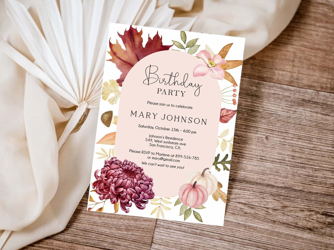 Autumn Floral Birthday Party Invitation, Fall Woman's Birthday Invite ...