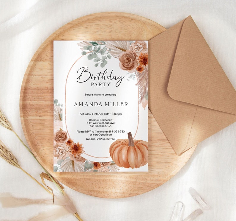 Fall Woman's Birthday Invite, Autumn Floral Birthday Party Invitation ...