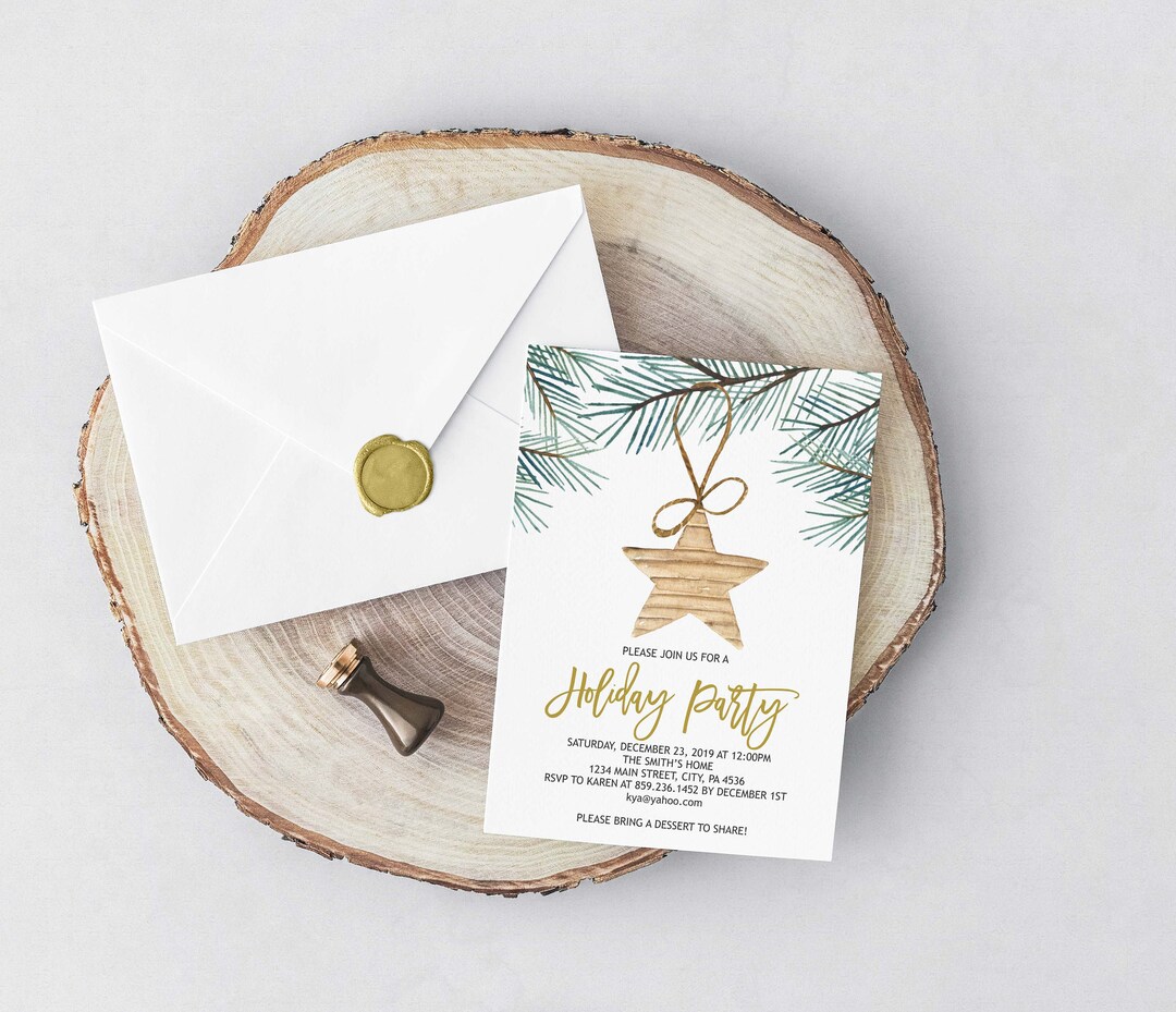 Rustic Christmas Party Invitation, Star Holiday Party Invitation, Printable Invitation, Pine ...