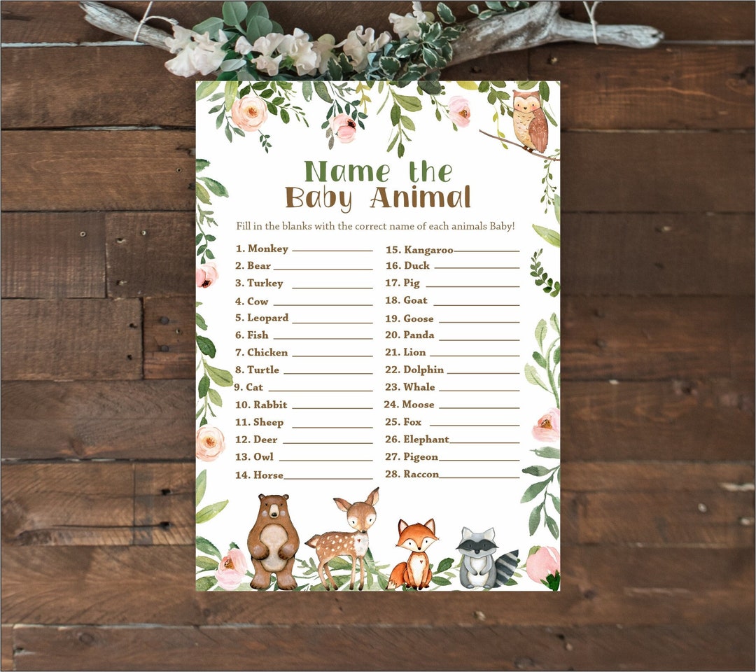 Woodland Name the Baby Animal Game, Girl Woodland Baby Shower Games ...