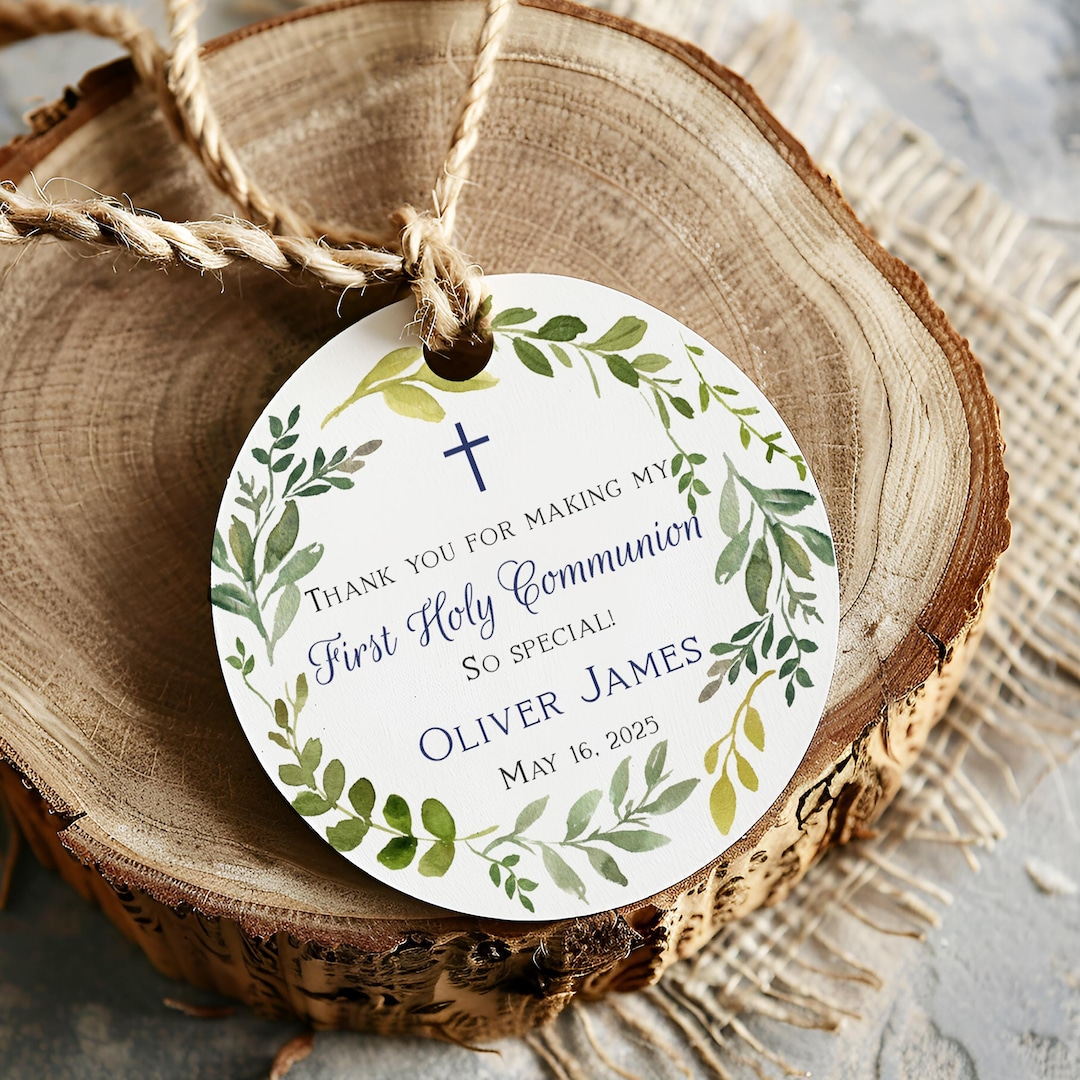 Boy First Communion Favor Tag - Greenery Wreath Gift Tags, Printable ...