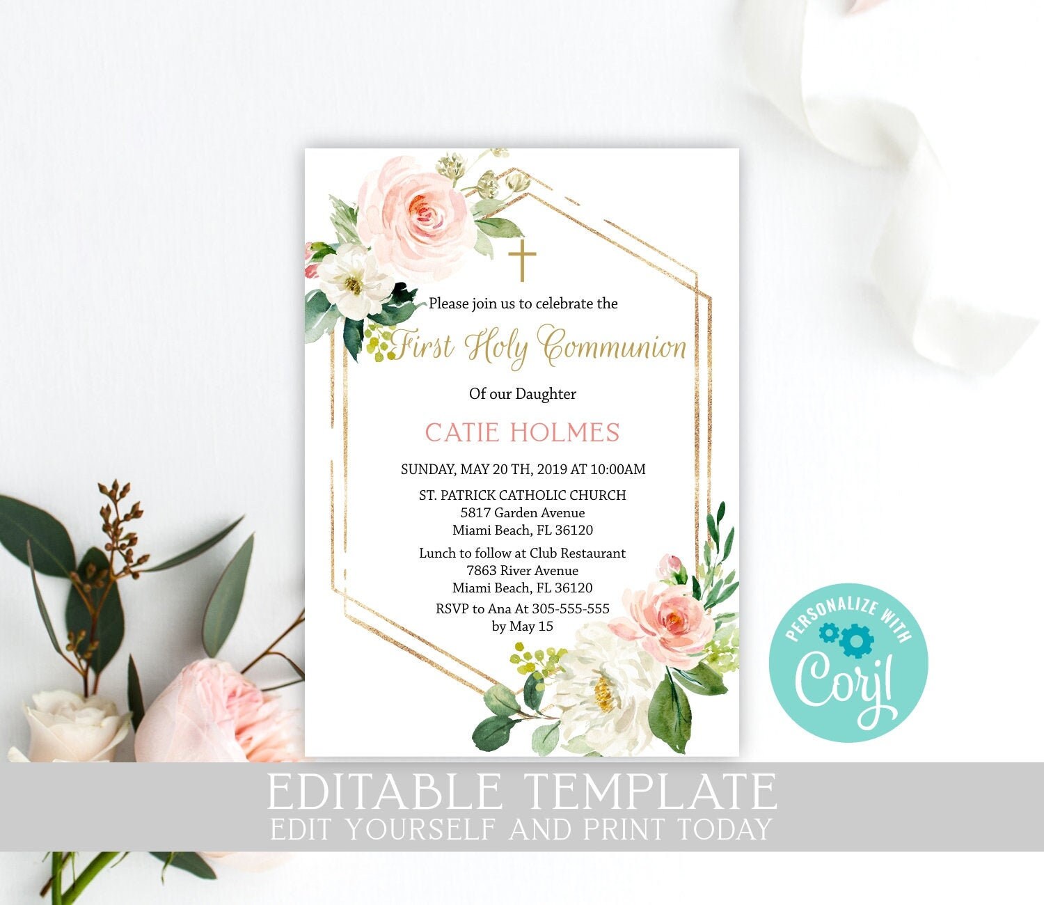 Printable first communion invitation girl first holy | Etsy