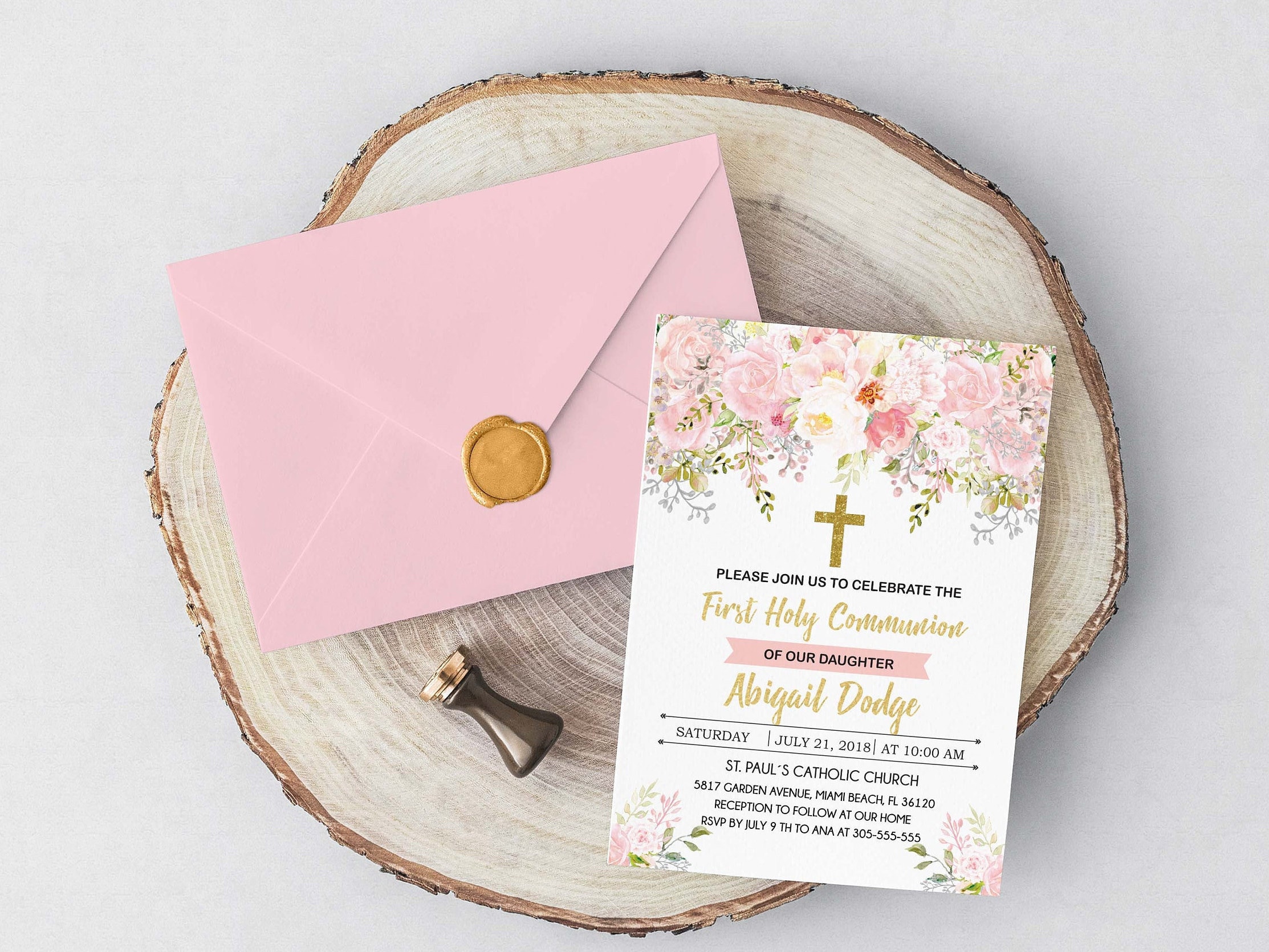 Girl First Holy Communion Save the Date, Delicate Floral Blush Pink ...