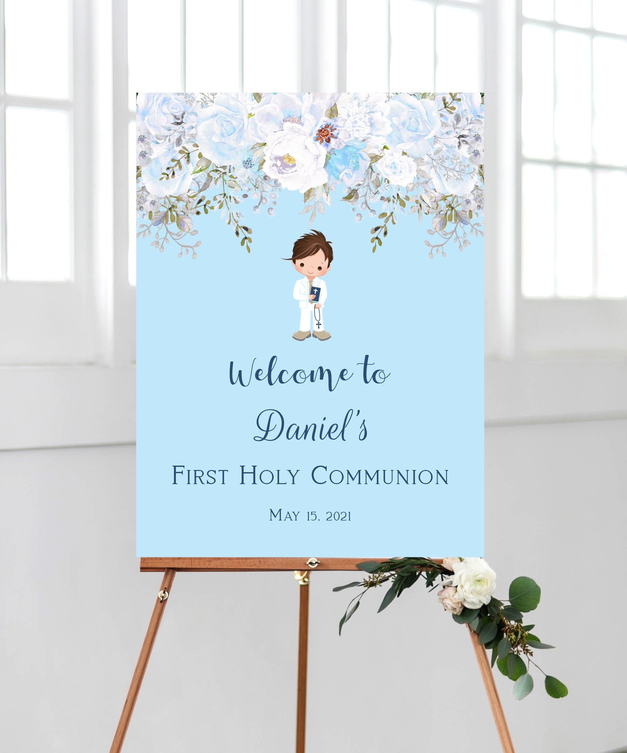 Blue Floral First Communion Welcome Sign Boy First 1st Communion ...