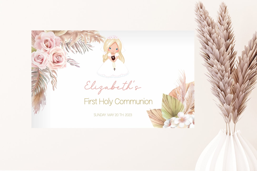Girl First Communion Backdrop, 1st Communion Poster, Boho Communion ...