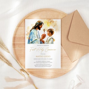 First Holy Communion Invitation Template - Boy With Jesus Watercolor ...