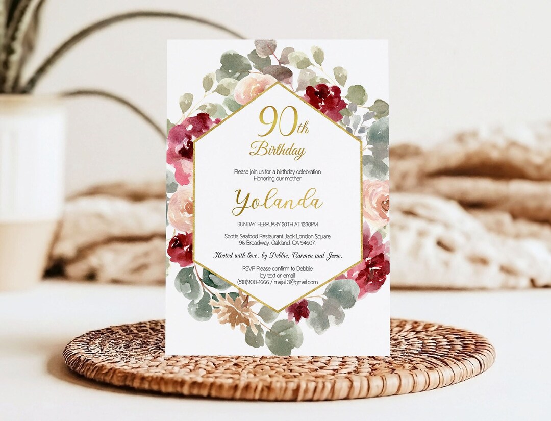 90th Birthday Invitation - Burgundy Floral Watercolor, Editable ...