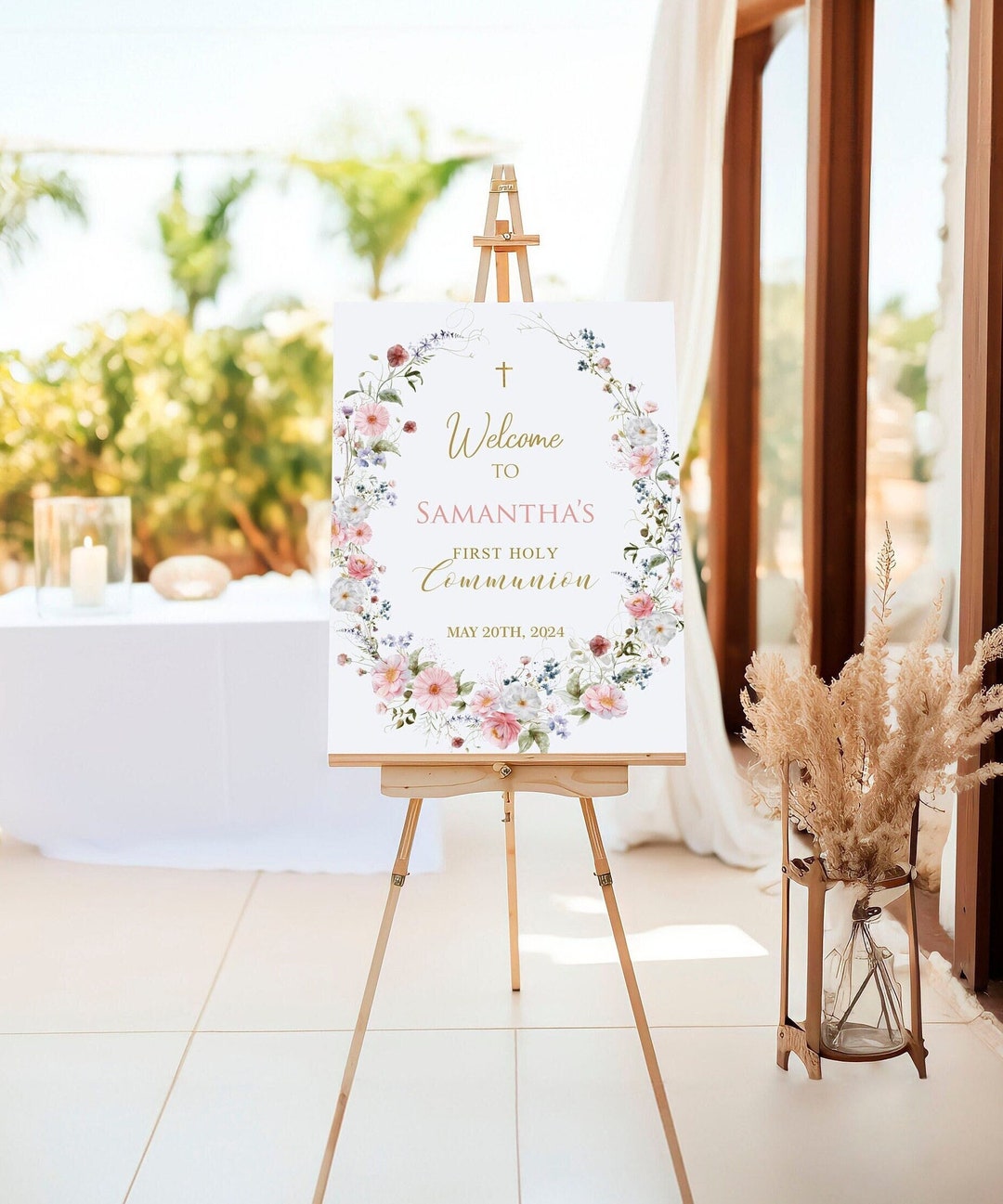 Girl First Holy Communion Welcome Sign, Pink Wildflowers Wreath ...