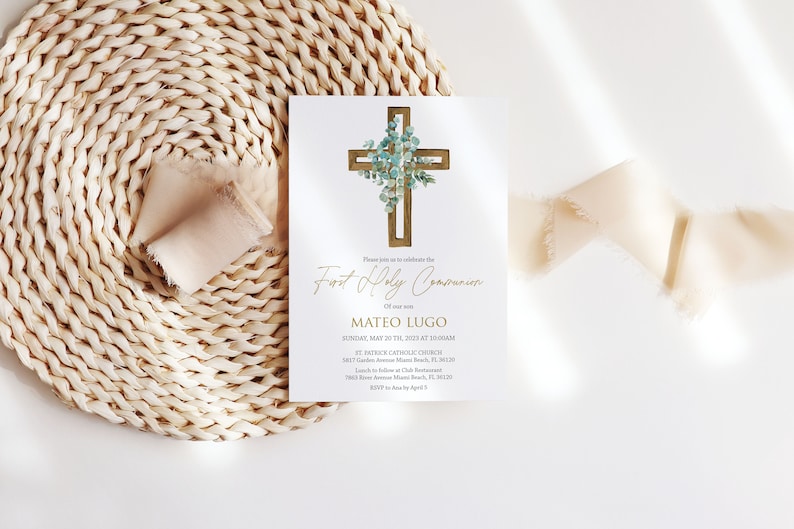 Rustic First Holy Communion Invitation Template, Cross Greenery ...